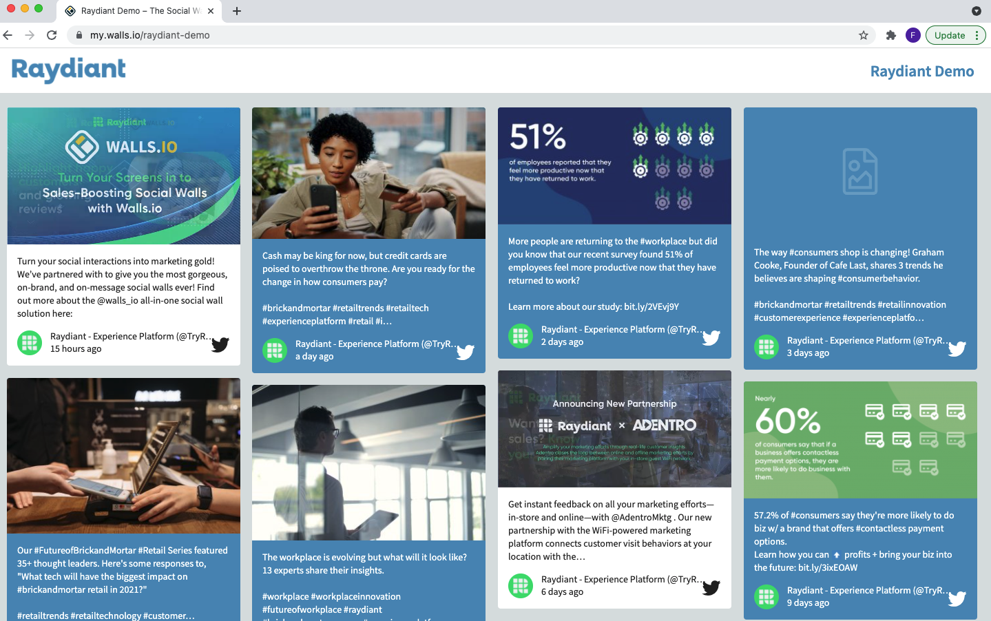 How do I display my Walls.io social wall on my Raydiant screens?