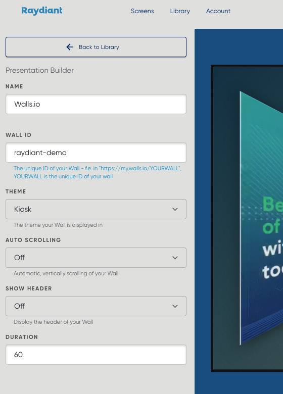 How do I display my Walls.io social wall on my Raydiant screens?