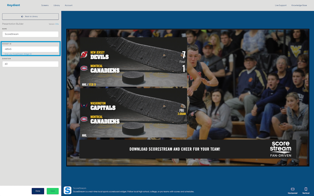 How do I display my ScoreStream scoreboards on my Raydiant screens?