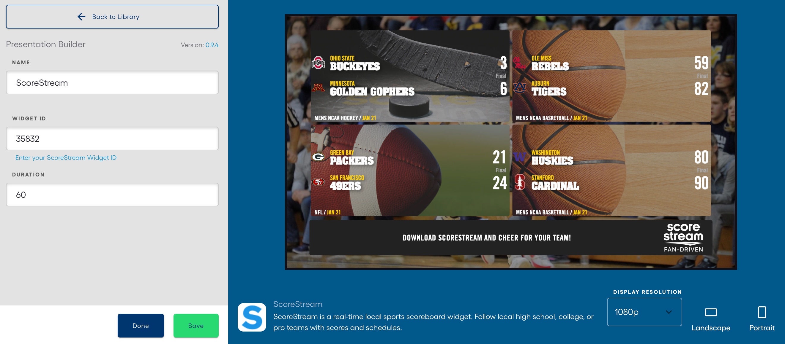 How do I display ScoreStream scoreboards on my Raydiant screens?