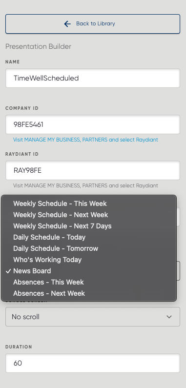 How do I display TimeWellScheduled on my Raydiant screens?