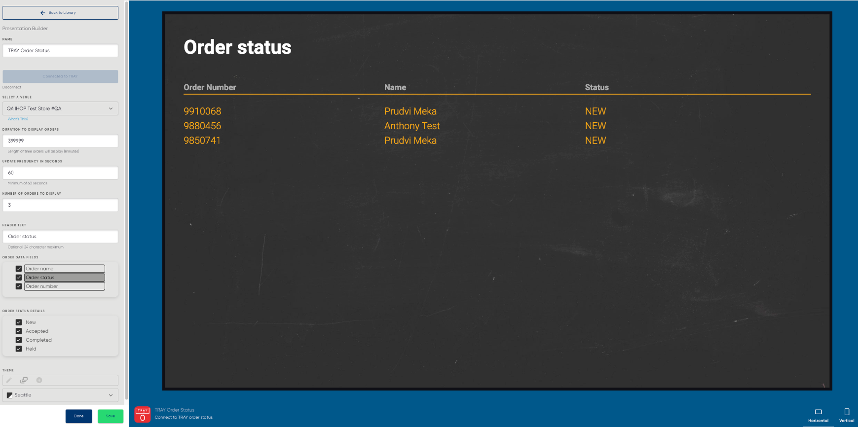 How do I display TRAY order status on my Raydiant screens?