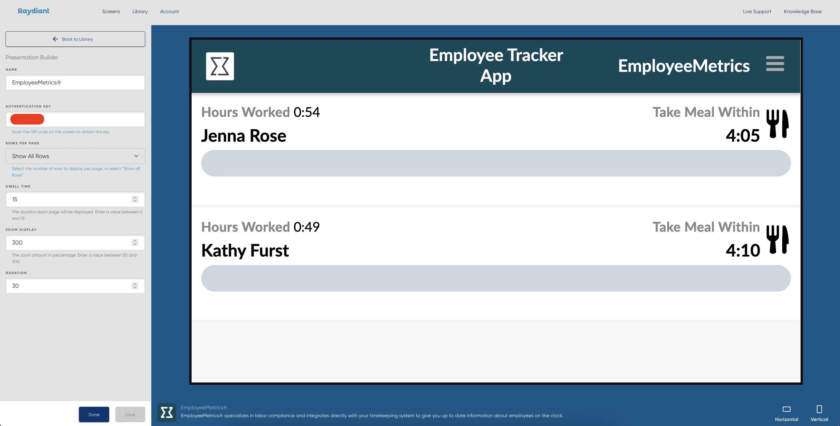 How do I display EmployeeMetrics® on my Raydiant screens?