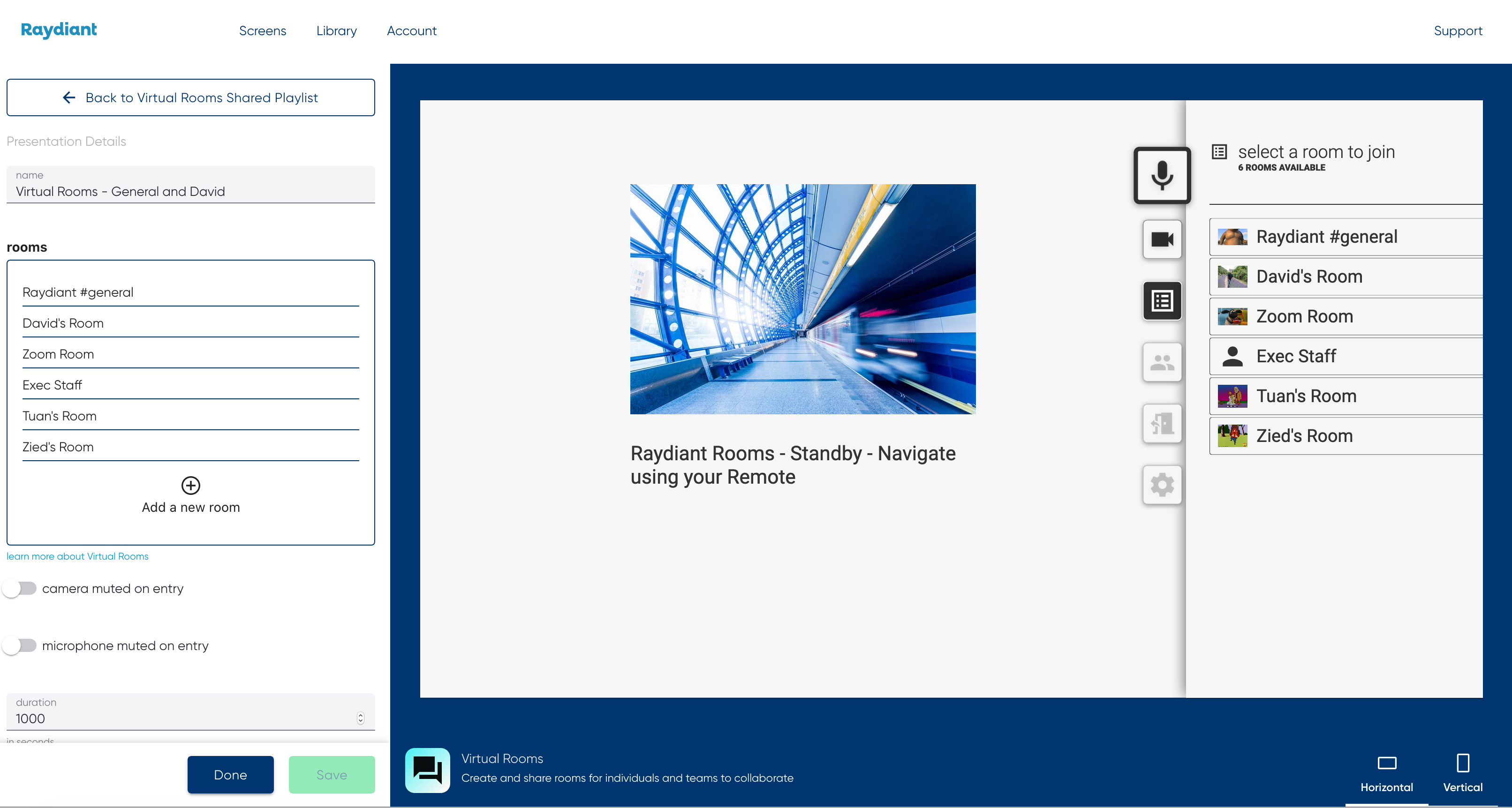 How do I display Virtual Rooms on my Raydiant screens?