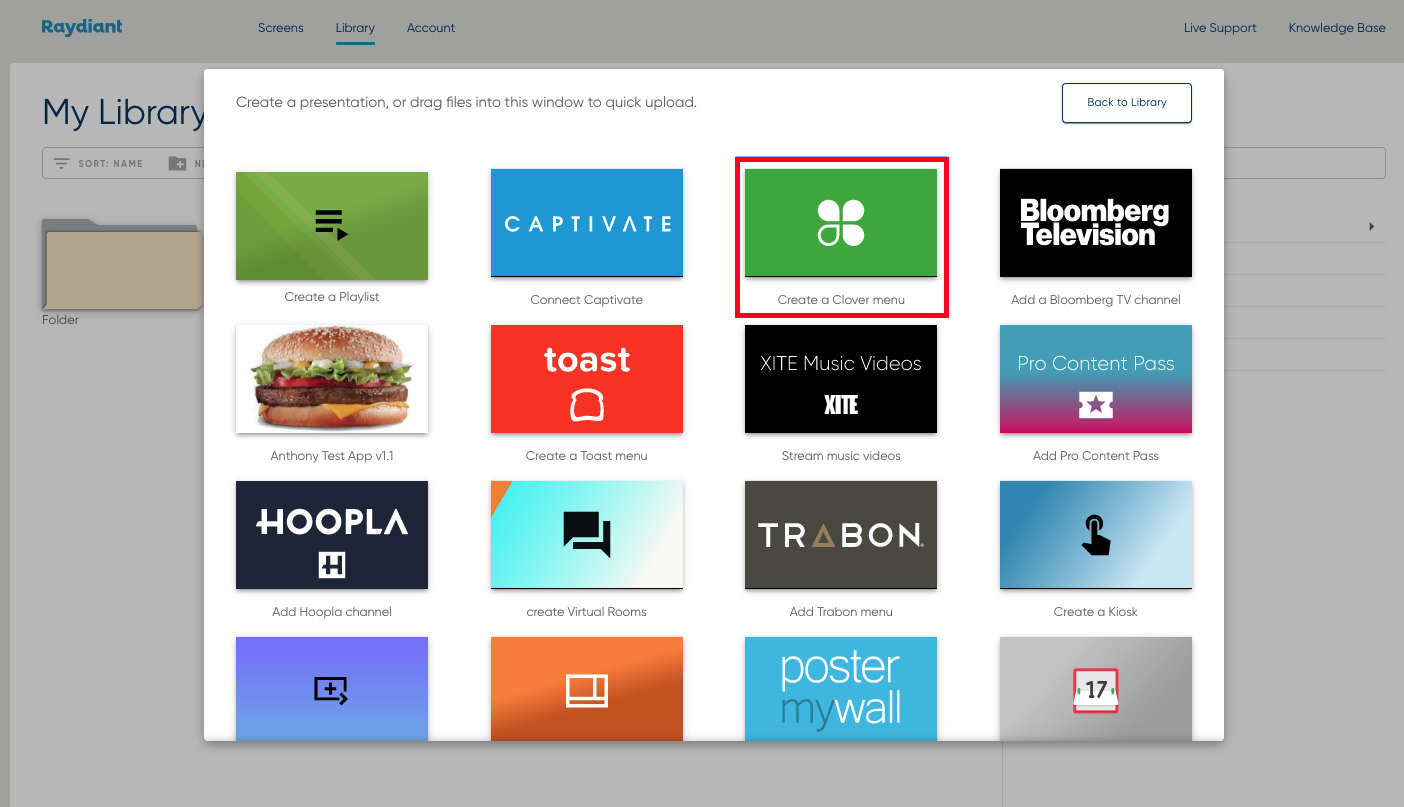 How do I display my Clover menus on my Raydiant screens?