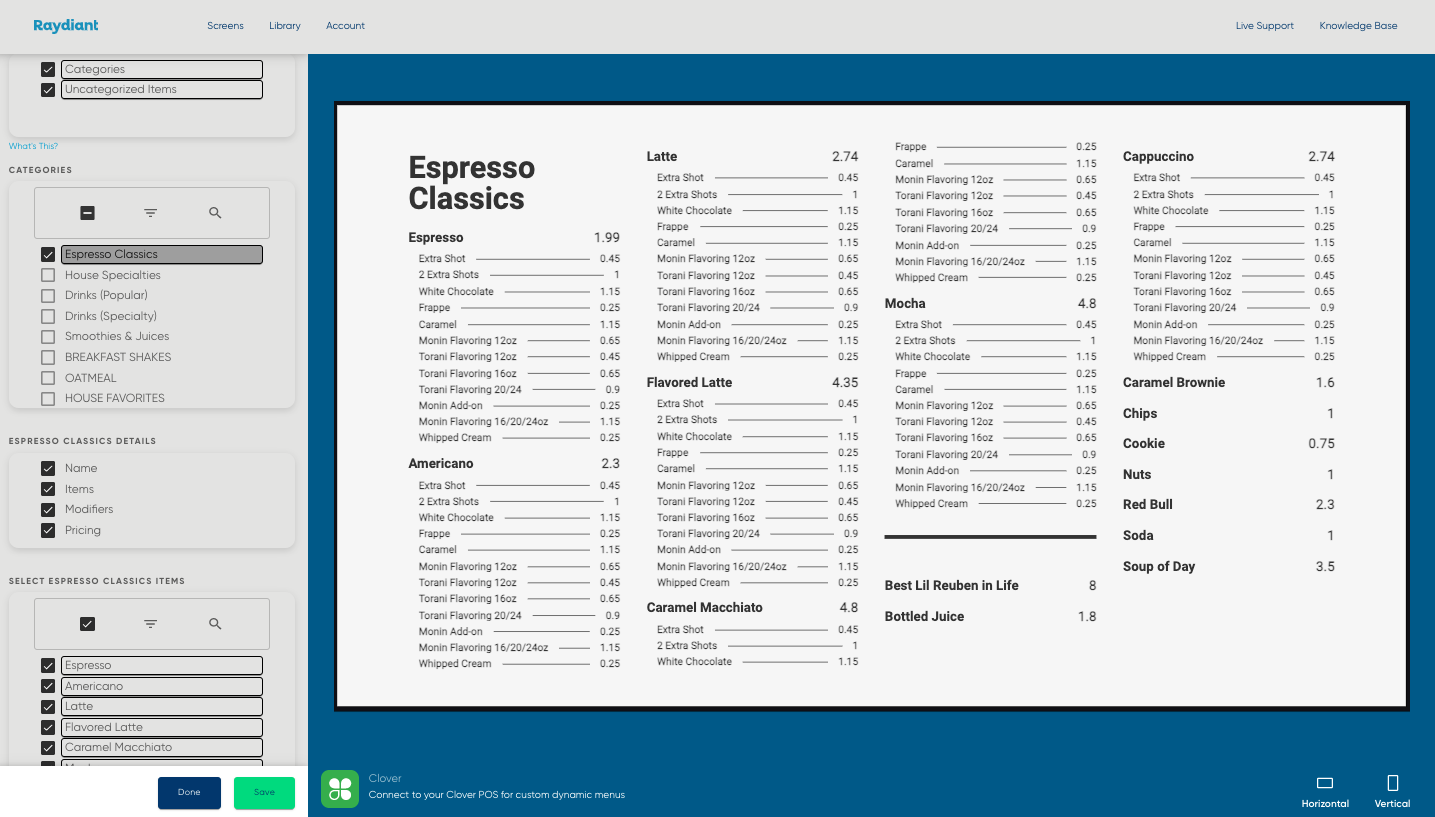 How do I display my Clover menus on my Raydiant screens?