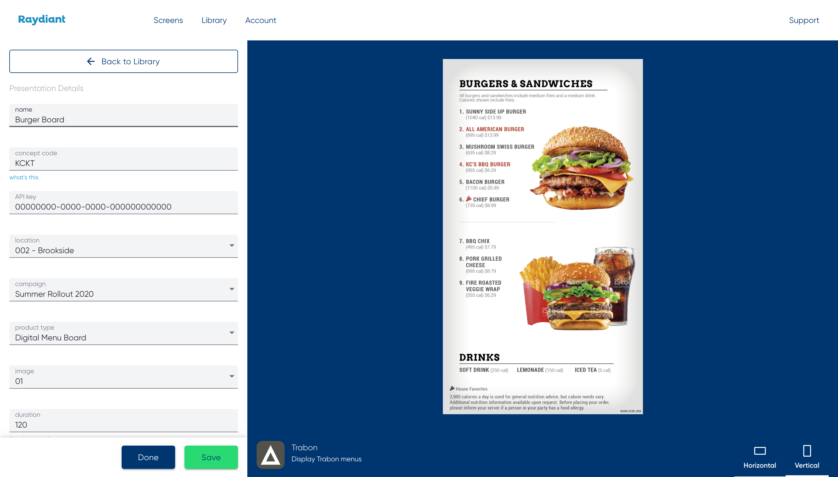 How do I display my Trabon MenuNet menu on my Raydiant screens?